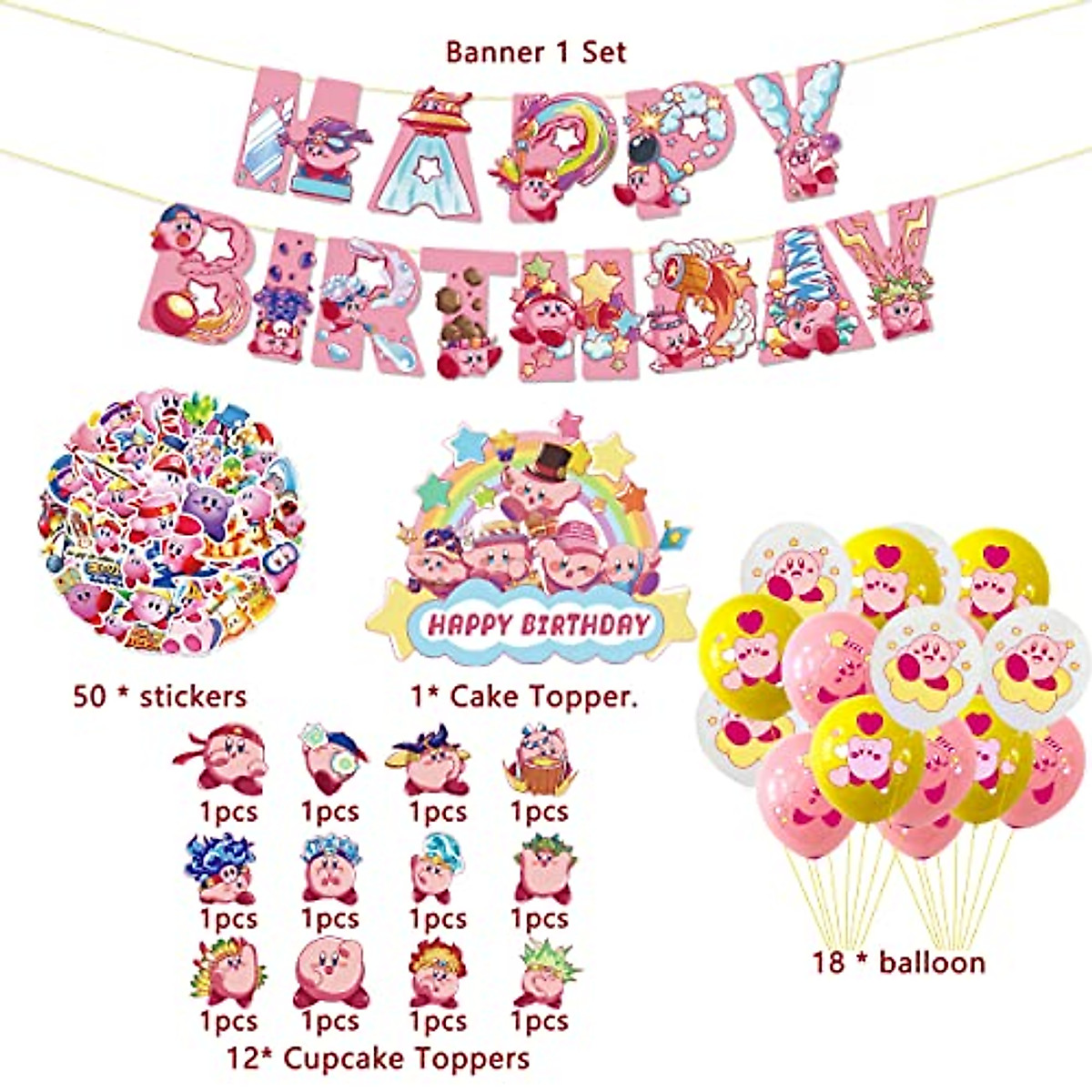 Kirby Birthday Party Decorations Supplies, 82 Pcs Cute Party Favors including Happy Birthday Banners, Balloons, Cake Toppers, Stickers, Party Favors for Girls' Birthday Party, Princess Party