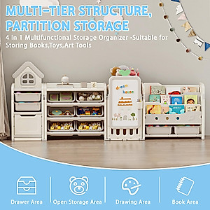 DEYGIA Foldable Kids Toy Storage Organizer with 10 Removable Bins and 3-Tier Bookshelf, 4 in 1 Multifunctional Large Toy Organizer with Drawing Board for Kids Bedroom Playroom Living Room, Off-White