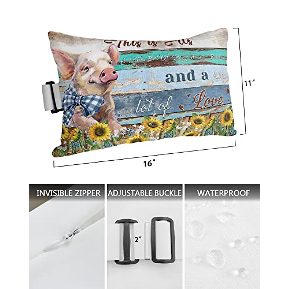 Recliner Head Pillow Ledge Loungers Chair Pillows with Insert Farm Pig Rustic Retro Wood Lumbar Pillow with Adjustable Strap Outdoor Waterproof Patio Pillows for Couch Beach Pool Office Chair, 2 PCS