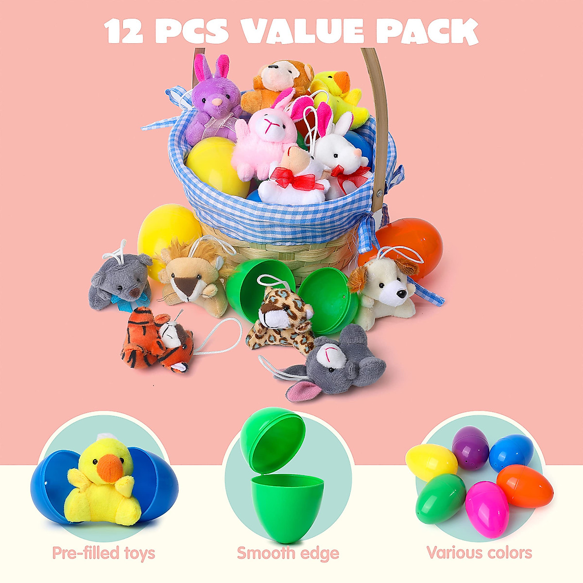 JOYIN 12 Pcs Prefilled Easter Eggs of Mini Stuffed Animal Plush Toys Easter Basket Stuffer for Kids Easter Egg Hunt Filler Stuffer