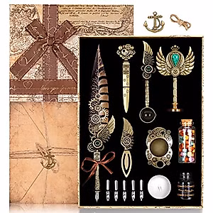 Antique Mechanical Gear Feather Pen Calligraphy Pen Set, Quill Pen Ink Set, Beginner Calligraphy Pen Quill pen, Wax Seal Stamp Kit, Calligraphy Copybook,Suitable for beginners/calligraphy lovers.