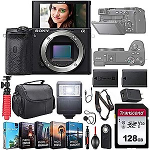Sony Alpha a6600 Mirrorless Camera (ILCE6600/B) UHD 4K Body Kit + Extra Battery + Flash + 128GB U3 V30 Memory Accessory Bundle