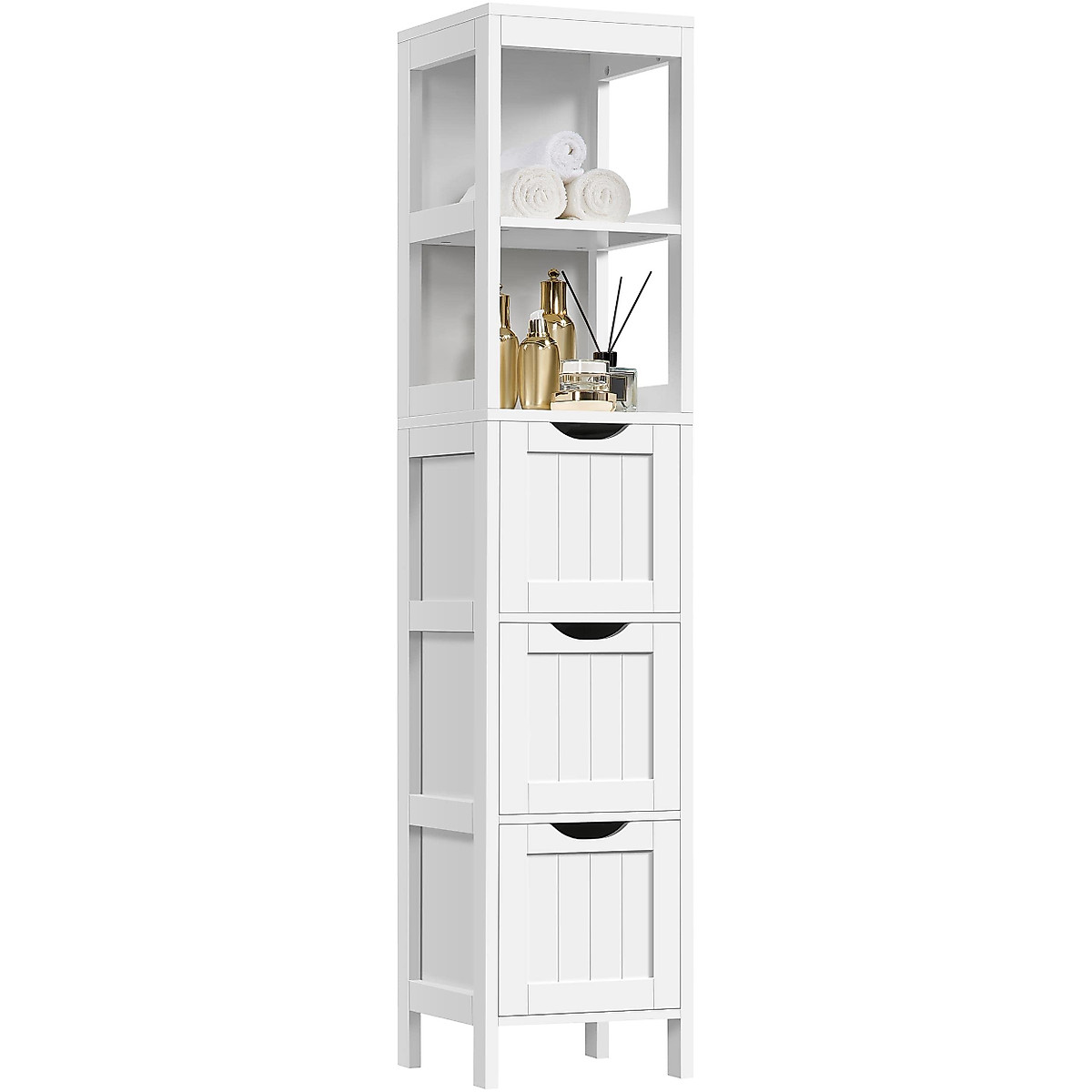 Yaheetech Bathroom Tall Cabinet, Slim Storage Cabinet, Narrow Freestanding Floor Cabinet with 3 Drawers & 2 Shelves, Linen Tower for Small Space, 12" D x 12" W x 56" H, White