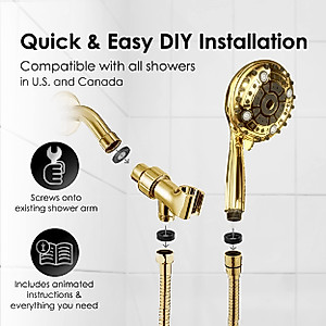 Aquarius Mist Handheld Gold Shower Head With Hose (Extra Long) Spa Grade High Pressure Hand Held Showerhead Wand With 6 Spray Settings – Adjustable Mount Holder & Teflon Tape - Polished Brass