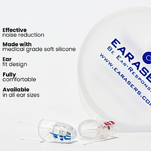EARasers Noise Cancelling Earplugs - Reusable Soft Silicone Noise Reduction Peace And Quiet Ear plugs For Concerts, Musicians, Djs, Drummers, Motorcycles, Dentists, Work – 36dB Peak Reduction (Medium)