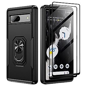 Niecase for Google Pixel 7A 5G Case with 2 Screen Protector, Military Grade Dual Layer Heavy Duty Shockproof Full Body Protective Phone Cover, Built in Rotatable Magnetic Ring Holder for 7A (Black)