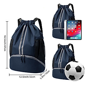 Valleycomfy Sports Drawstring Backpack - Water Resistant String Bag with Side Mesh Pockets Shoe Compartment Gym Backpack for Women & Men Navy Blue
