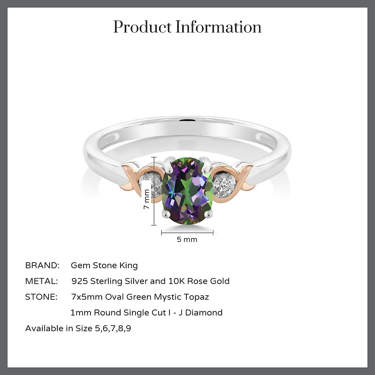 Gem Stone King 925 Sterling Silver and 10K Rose Gold 7X5MM Oval Gemstone Birthstone and Diamond Accent Engagement Ring | Wedding Anniversary Promise Ring For Women | Available In Size 5-9