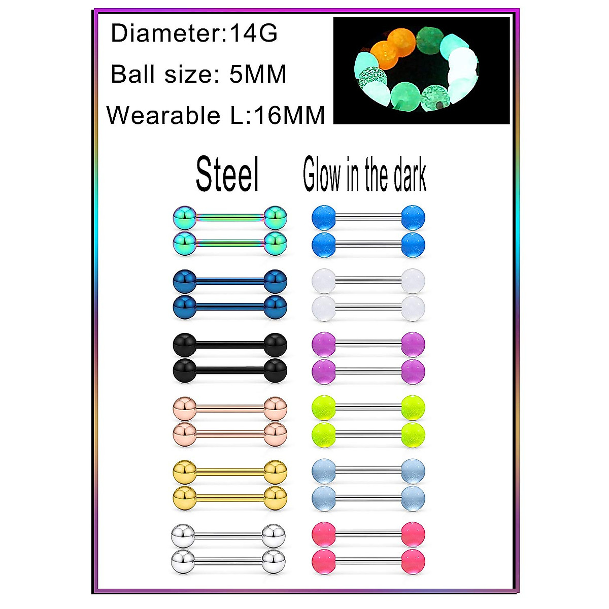 Prjndjw 14G Surgical Steel Tongue Rings Glow in the Dark Tongue Nipple Rings Steel Ball Body Piercing Jewelry for Women Men 24Pcs 16MM