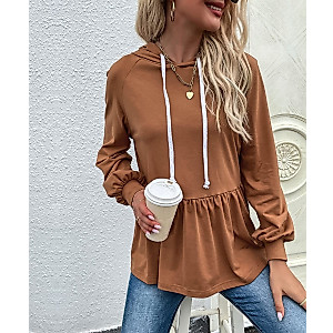 YOXUA Womens Casual Hoodies Peplum Tops, Long Sleeve Lightweight Drawstring Sweatshirt Jacket Pullover Shirts Blouse Coffee
