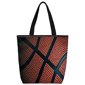 Basketball Ball Print Women's Canvas Tote Bag, Basketball Texture Shoulder Handbag Bags with Zip Large Beach Bag for School Shopping Business Work Travel