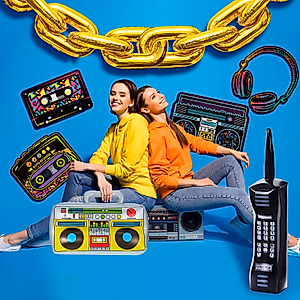 26 Pieces 80s 90s decorations Inflatable Radio Boombox Inflatable Mobile Phone Gold Inflatable Foil Chain Balloons 80s 90s Props Retro Cassette Headphones Player Cutouts for Hip Hop Party Decoration