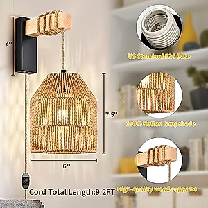 ZECOXOL Rattan Wall Sconce Boho Decor Plug in Set of Two Wicker Lamp with Cord Dimmable Woven Hanging Lamps That Into Outlet Rustic Light for Bedroom Living Room Black 001