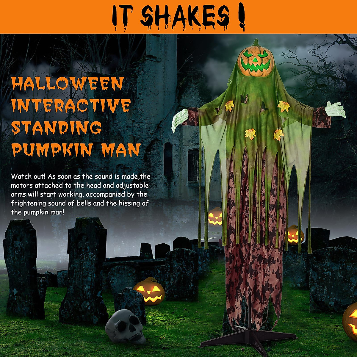 Presence Halloween Standing Pumpkin Man with Lights& Sounds, Outdoor Indoor Pumpkin Clearance Spooky Jack O' Lantern Props Decor Lawn Backyard Garden