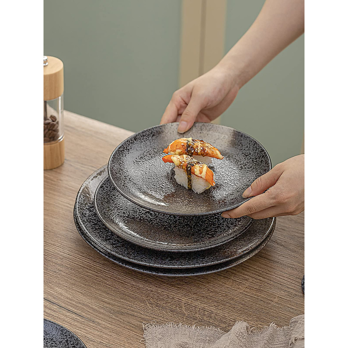 Kanwone Ceramic Dessert Salad Plates - Set of 6, 8 Inch, Kitchen Round Plates for Dessert, Salad, Snacks, Appetizers, Steak, Microwave, Oven and Dishwasher Safe, Black Glazed