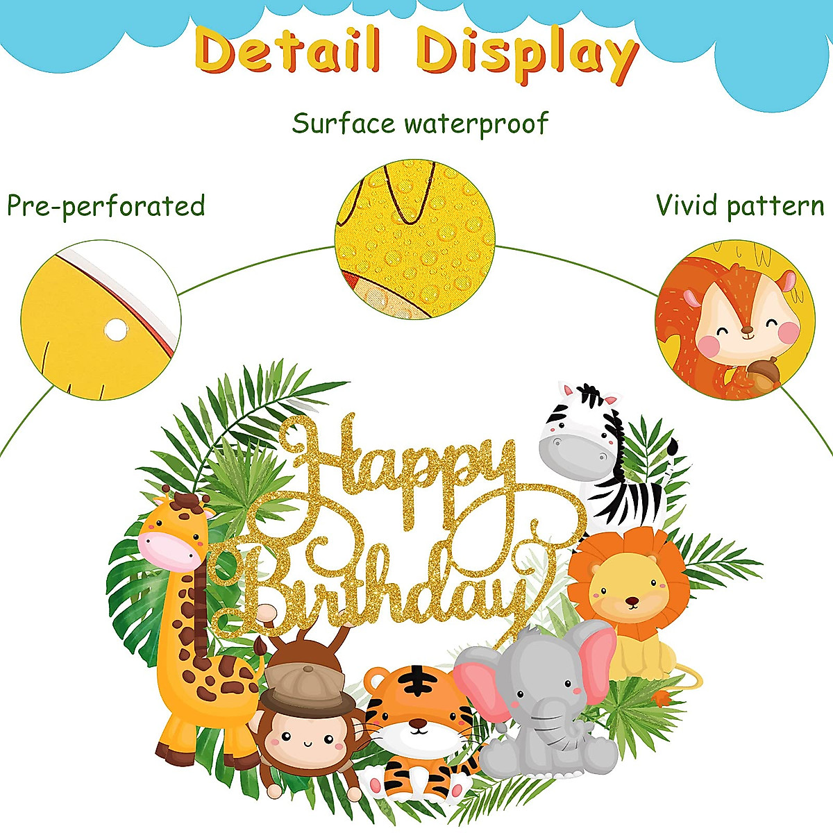 2 Pieces Safari Animals Happy Birthday Banner Cupcake Topper Jungle Theme Birthday Supplies, Safari Birthday Decorations Safari Baby Shower Decorations for Two Wild Theme Party Birthday Party Supplies
