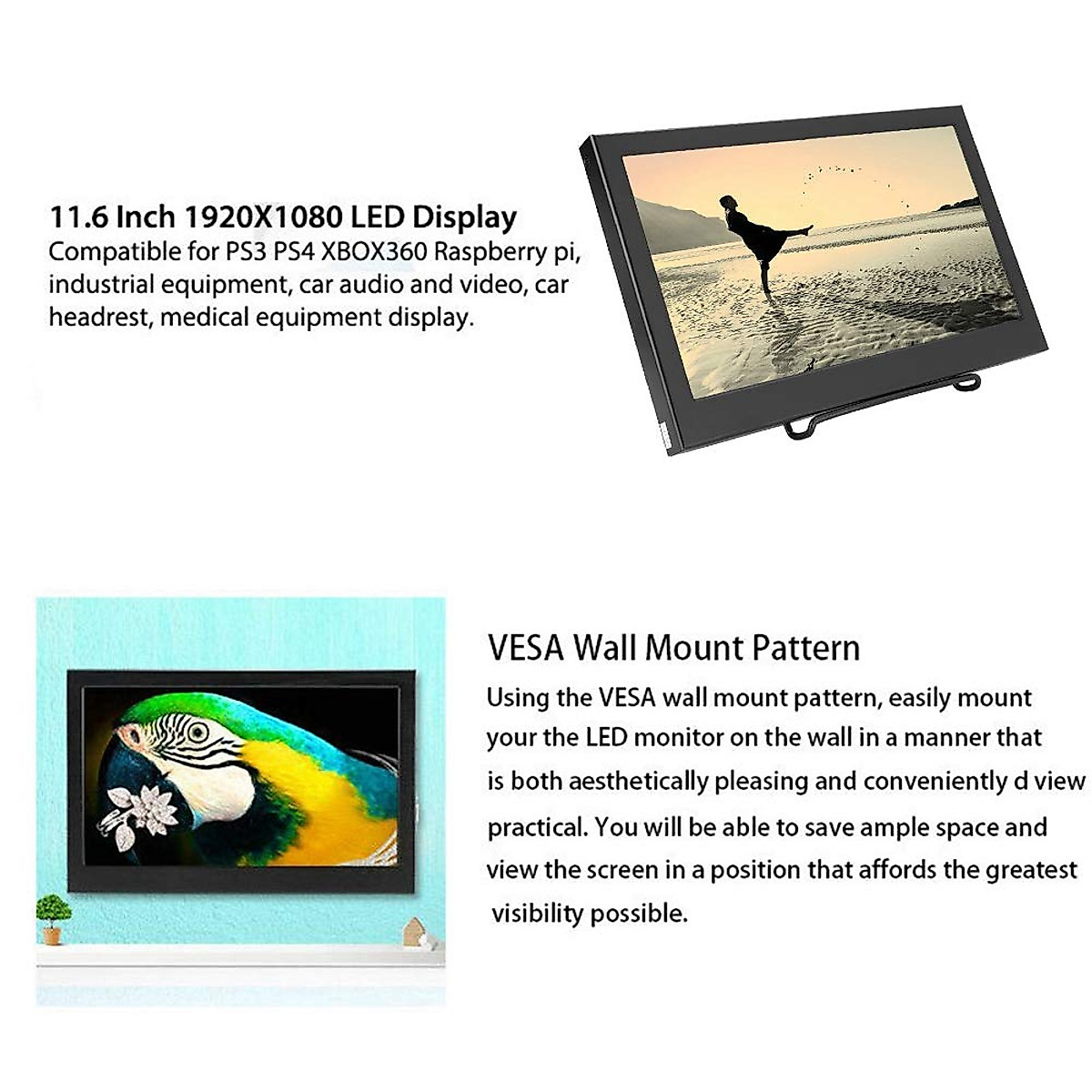 Portable 11.6 Inch Monitor 16:9 IPS Display 1920x1080 Full HD, 170° Widescreen Gaming Monitor with HDMI, VGA, Dual Builtin Speakers, 3.5mm o Port, for Raspberry PS3 PS4 Windows etc.(11.6inch)