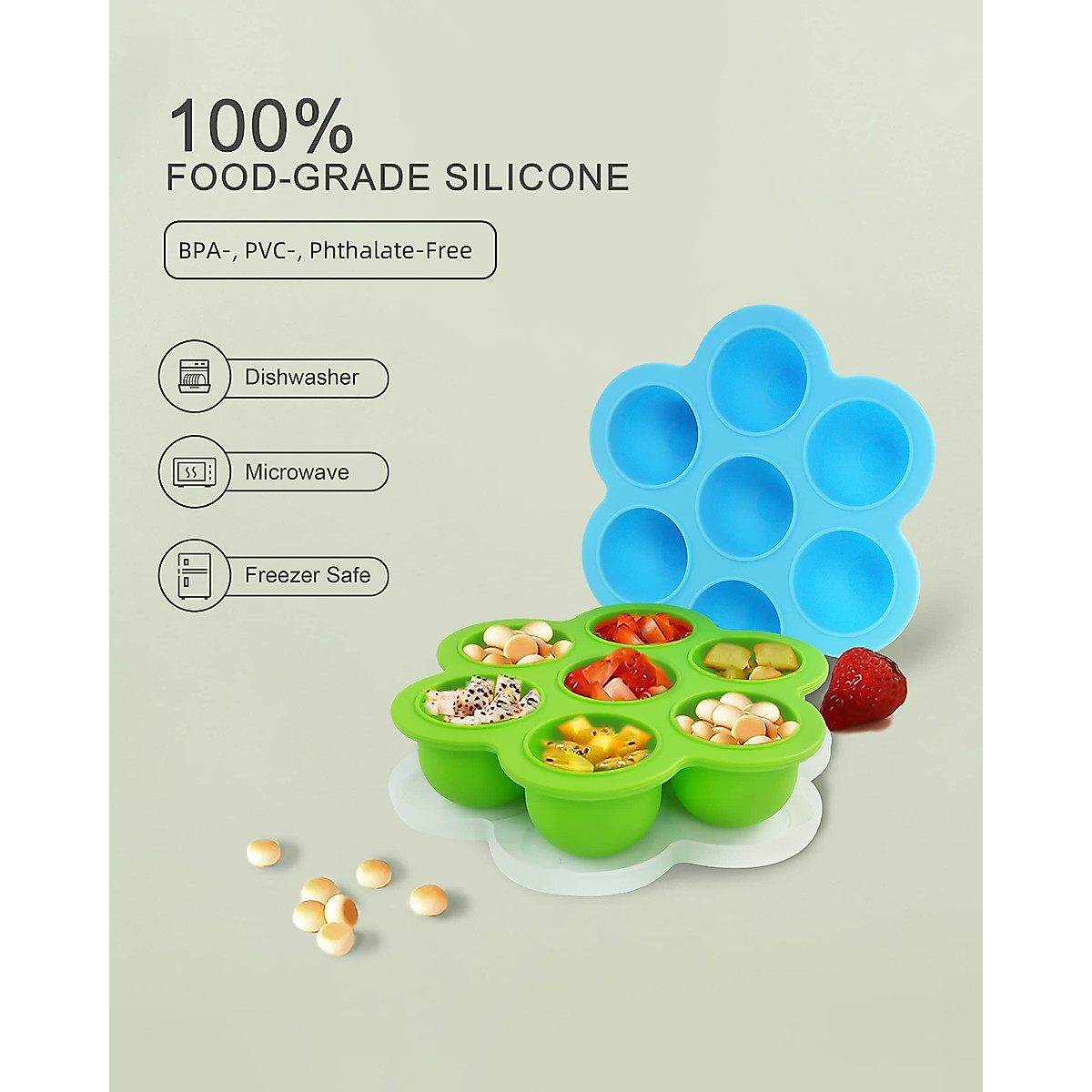 DF DUALFERV 2 Pack Baby Food Freezer Tray,7 Portions Silicone Baby Food Freezer Tray with Lid, Perfect Baby Food Containers for Homemade Baby Food, Vegetable & Fruit Purees, and Breast Milk