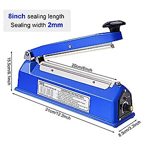 Suteck 8 inch Impulse Bag Sealer, Manual Poly Bag Sealing Machine w/Adjustable Timer Electric Heat Seal Closer with 50Pcs 4X6 Inch Shrink Wrap Bag and 2 Free Replacement Kit (Sapphire)