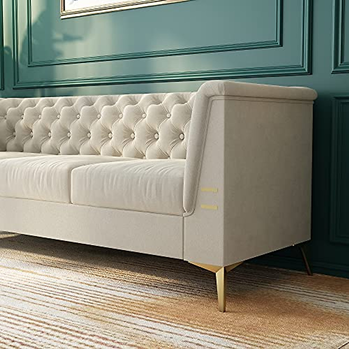 ANTTYBALE 82" Mid Century Modern Sofa for Living Room Velvet Couch Chesterfield Sofa with Gold Legs for Bedroom Office (Beige)