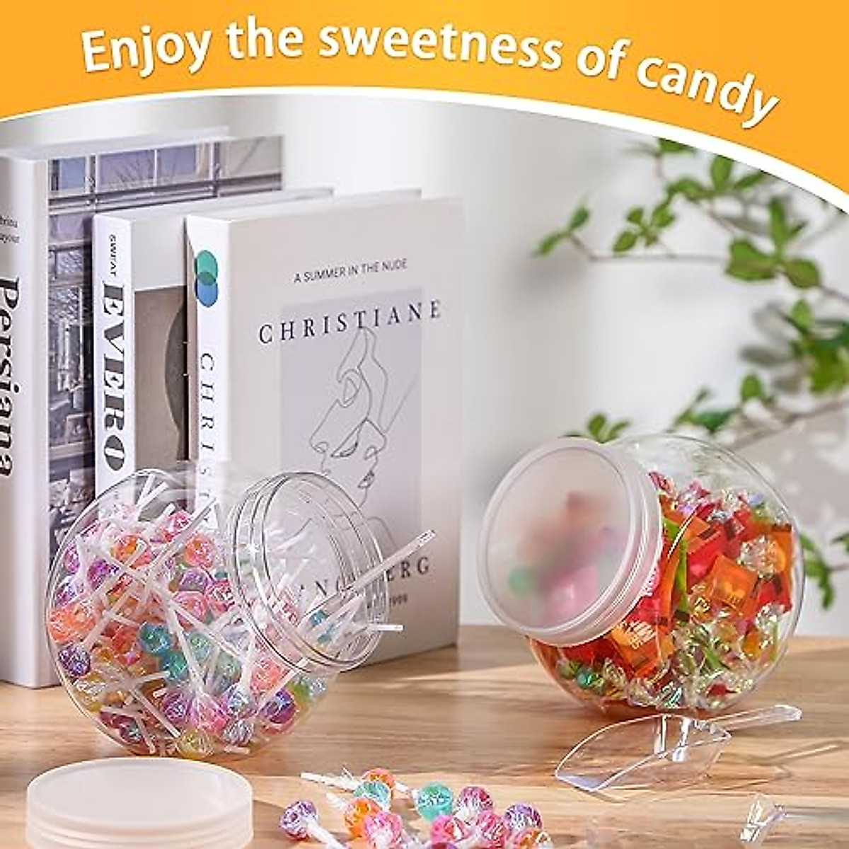 Umigy 4 Sets Plastic Candy Jar with Lid for Candy Buffet with Mini Acrylic Plastic Kitchen Scoop 42 oz Clear Candy Container Plastic Cookie Jar for Kitchen Counter Decorative Plastic Jar with Lid