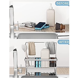 USYUEGLV Sponge Holder for Kitchen Sink, 304 Stainless Steel Kitchen Sink Caddy Organizer with Drain Tray Rack, Kitchen Sink Caddy for Dish Rags Brush