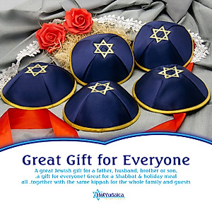 Pack of 5-Pcs Hq 20cm Satin/Velvet Kippah with Silver/Gold String+Star of David for Men & Boys, Yamaka Hat from Israel, Kippot Bulk (Blue Gold, Satin)