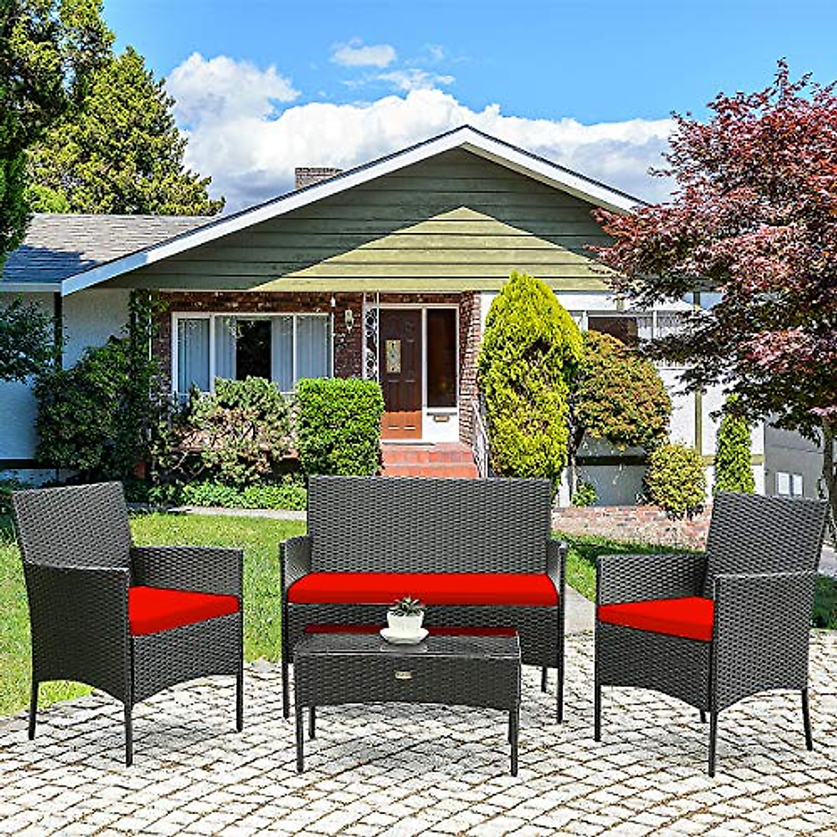 HAPPYGRILL 4pcs Patio Furniture Set Rattan Wicker Conversation Set with Tempered Glass Top Table, Outdoor Wicker Sofa Set with Removable Cushions for Poolside Garden Backyard