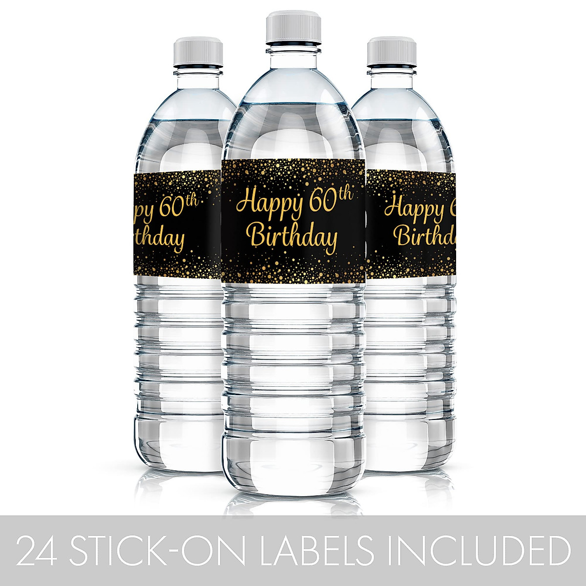 Black and Gold 60th Birthday Party Water Bottle Labels - 24 Stickers, 60th Birthday Decorations