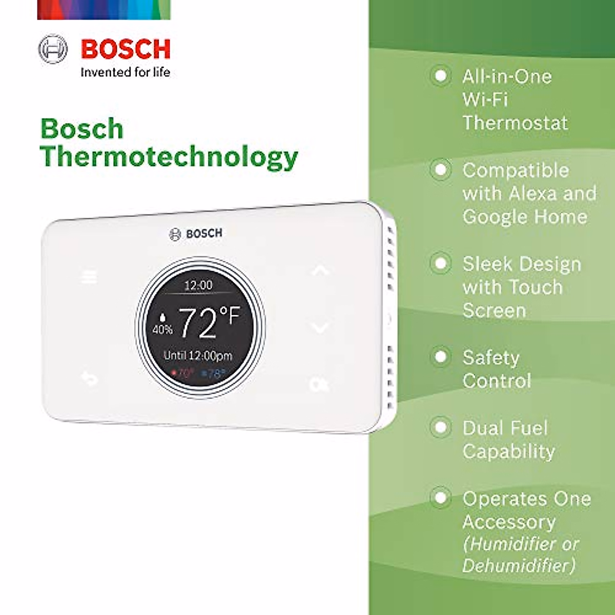 Bosch Thermotechnology BCC50 Wi-Fi Thermostat-Works with Alexa and Google Assistant, All-in-One, Touch Screen, Safety Control, Smart Home, White