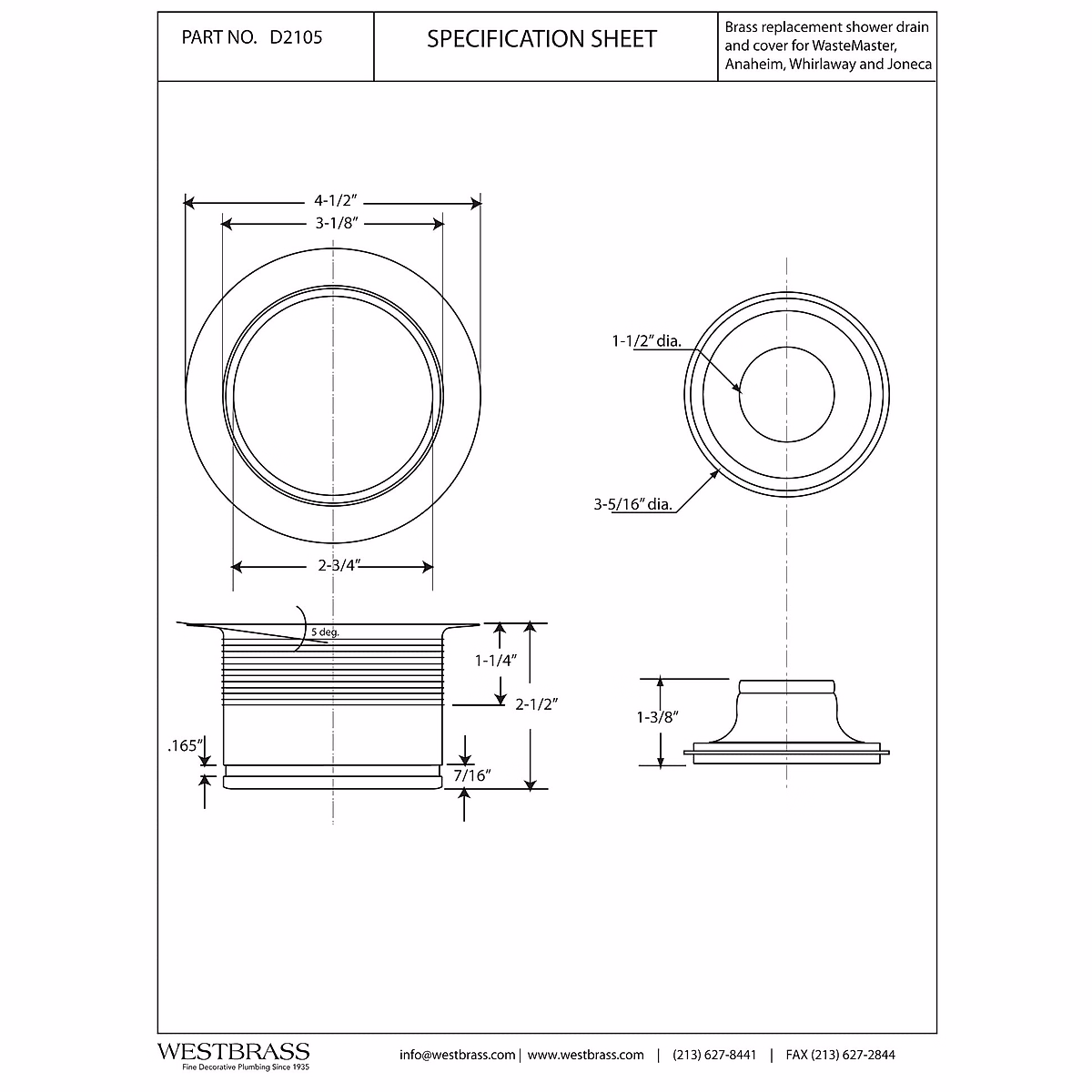 Westbrass D2105-01 3-1/2" EZ-Mount Sink Waste Disposal Drain Flange and Stopper, 1-Pack, Polished Brass