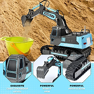 DOUBLE E Remote Control Excavator Toy RC Excavators Rechargeable Battery Digger Hydraulic Construction Toys Vehicles Xmas Gift for Boys Girls Kids 3-14 Years，Gray-Blue