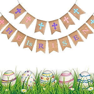 2 Sets Easter Burlap Banner HE is Risen Hanging Garland Printed Easter Bunting for Easter Day Decorations