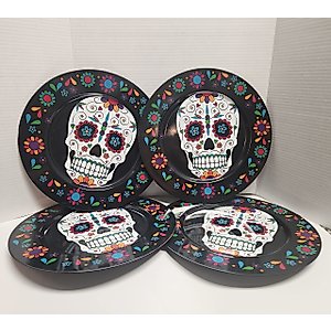 CACB Day of the Dead Round Charger Plates in Sugar Skull Melamine Decorative Halloween Decor Reusable Platter Tableware Dinner Indoor or Multicolor server plates 13x13 Outdoor Events Set 4.