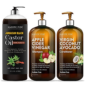 Majestic Pure Jamaican Black Castor Oil (16 oz) and Apple Cider Vinegar Shampoo & Coconut Avocado Conditioner Set (16 oz each) Bundle