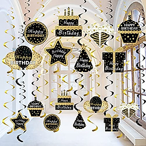 Black Gold Birthday Hanging Swirls Decorations for Mens Women, 16Pcs Happy Birthday Foil Swirl Party Supplies, 10th 16th 21st 30th 40th 50th 60th Bday Ceiling Swirl Decor