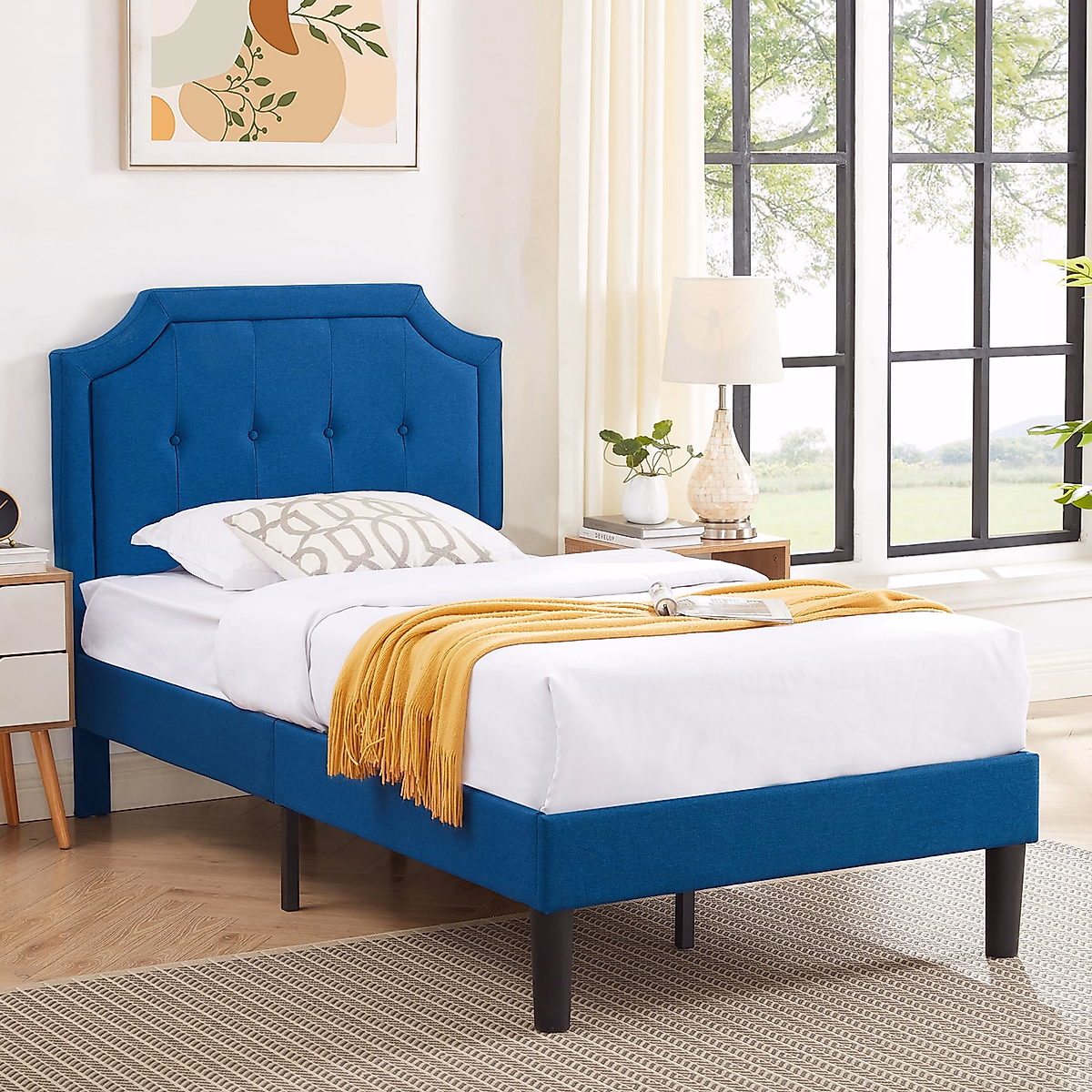 VECELO Twin Upholstered Platform Bed Frame with Adjustable Button Stitched Panel Headboard,Strong Wood Slat Support,Velcro Design,Mattress Foundation/Easy Assembly,Blue