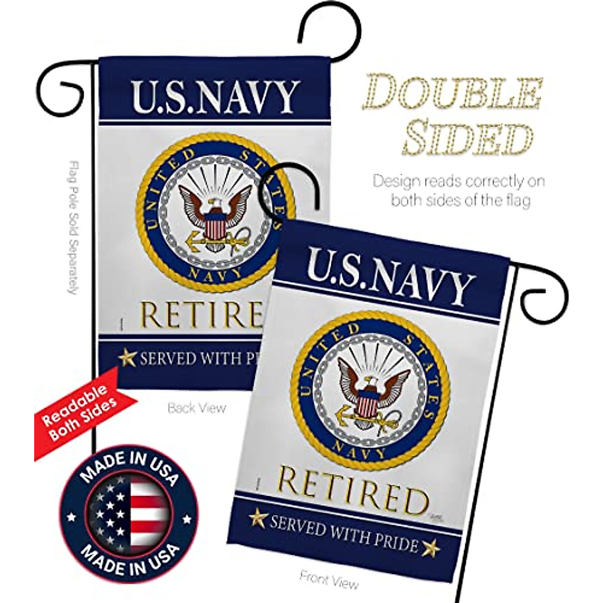 Breeze Decor US Navy Garden Flag Set with Stand Armed Forces USN Seabee United State American Military Veteran Retire Official House Banner Small Yard Gift Double-Sided, Made in USA