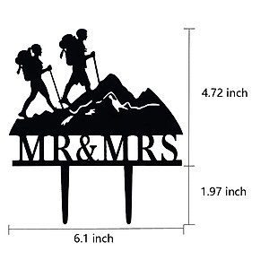 Mountain Wedding Cake Topper, Mr & Mrs Cake Topper, Hiking Theme Wedding Cake Decoration, Black Backpacking Bride and Groom Silhouettes Cake Topper