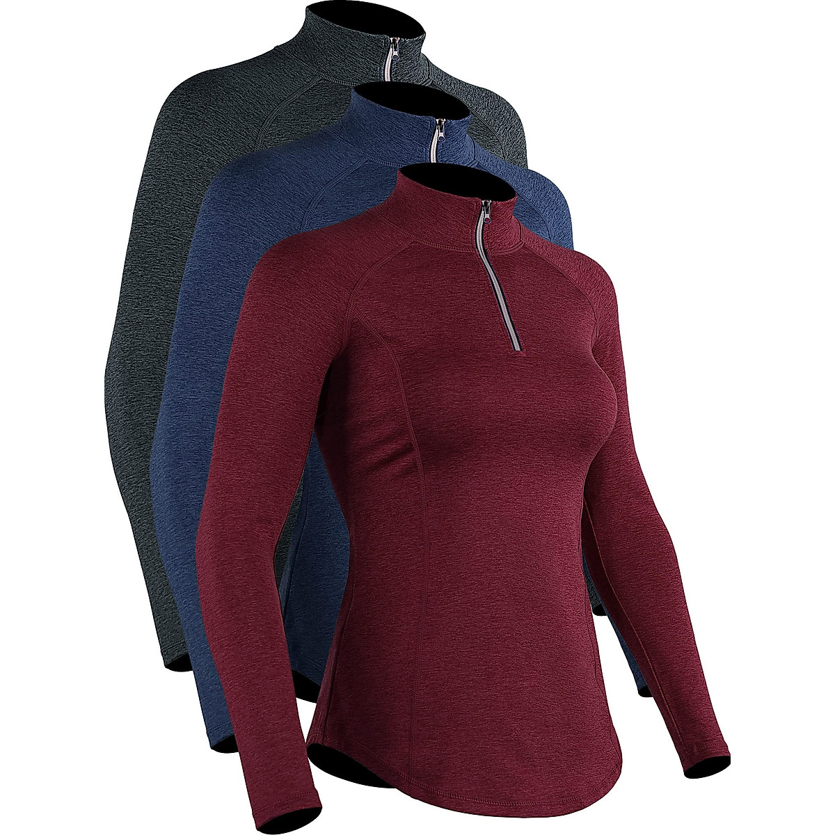 CADMUS Workout Shirts Women's Long Sleeve Running Athletic Hiking Shirts, 3 Pack, Black & Red & Navy Blue, L