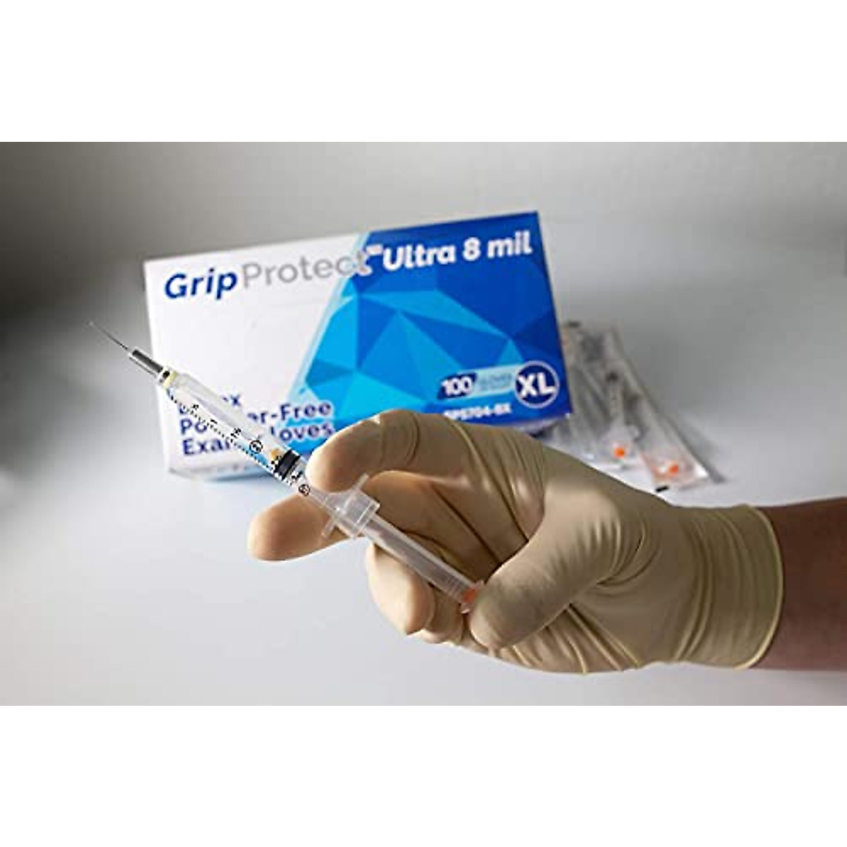 GripProtect Ultra 8 Mil Latex Exam Gloves, Disposable, Textured, Medical, Automotive, Janitorial, Home, EMS, Hospital, Law-Enforcement (Large 100)