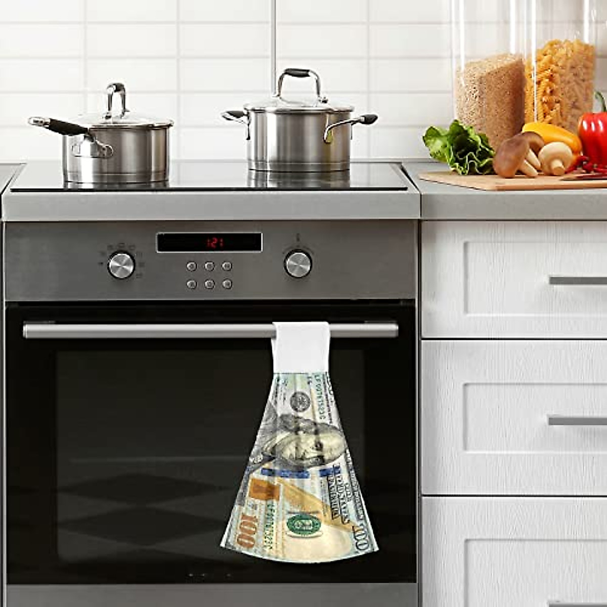 100 Dollar Bill Printed Hanging Kitchen Towels 2 Pieces Absorbent Tie Towel Dish Cloth Soft Hand Towel Tea Bar Towels for Bathroom Restroom Home Decor