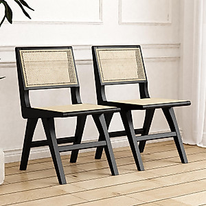 Accent Chair Dining Chairs Set of 2, Solid Wood Frame Boho Rattan Chair, Mid Century Modern Accent Chairs for Living Room Bedroom Dining Room Kitchen(Black)