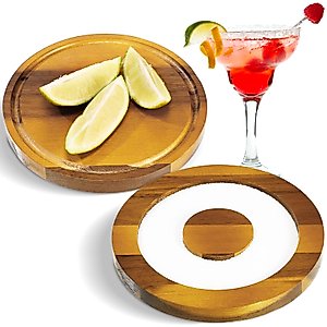 Geiserailie Wood Margarita Salt Rimmer Cocktail Rimmer Kit 6.5 Inch Diameter Glass Rimmer with Lid Glass Bar Sugar Salt Rimmer Plate for Cocktails, Drinks
