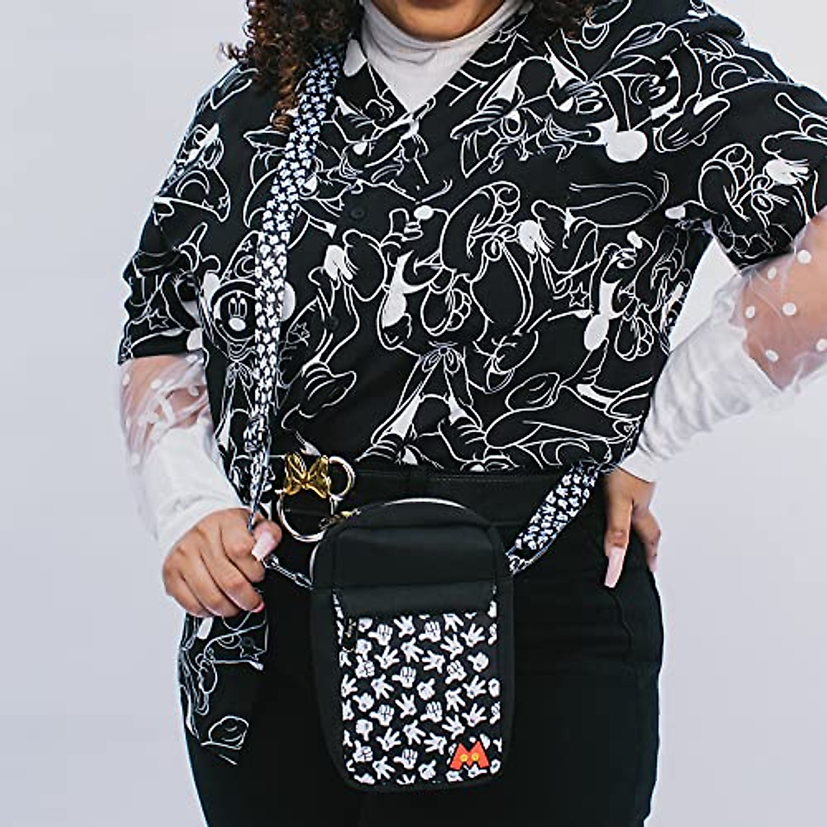 Buckle Down Disney Bag, Cross Body, Mickey Mouse Hand Gestures Scattered Black White, Canvas