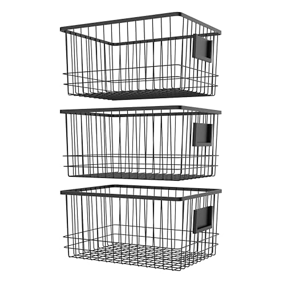 Oceanstar Metal Wire Organizer Bin Basket with Card Holder, Set of 3, Black, WBH1903