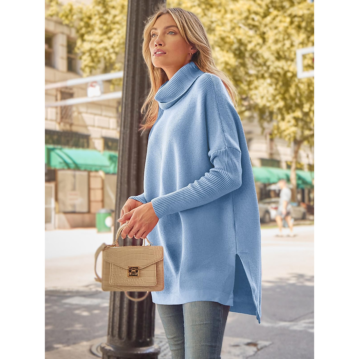 LILLUSORY Oversized Turtleneck Pullover Sweaters Womens 2024 Long Tunic Sweater Winter Trendy Casual Poncho Cowl Neck Cute Tops Dress Fall Fashion Clothes Outfits Clothing Light Blue