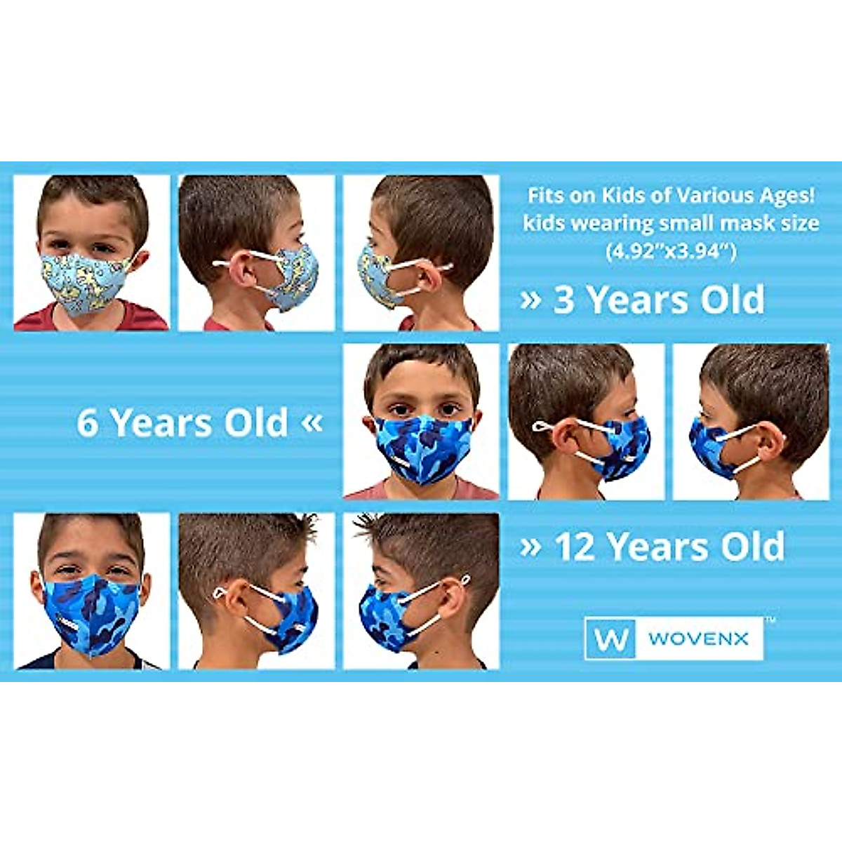 wovenx 5 Ply Small Kids Face Mask for 2-3 Year Olds, 15 Pack, With Adjustable Earloops, Individually Packaged, Disposable (Boys Masks: Dinosaur, Fishes, Camouflage)
