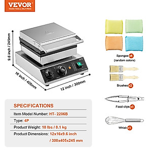 VEVOR Commercial Waffle Maker, 4PCS Round Waffle Baker Machine,1750W Non-Stick Stainless Steel Belgian Waffle Iron with Temperature and Time Control, for Restaurant Bakery Snack Bar Family