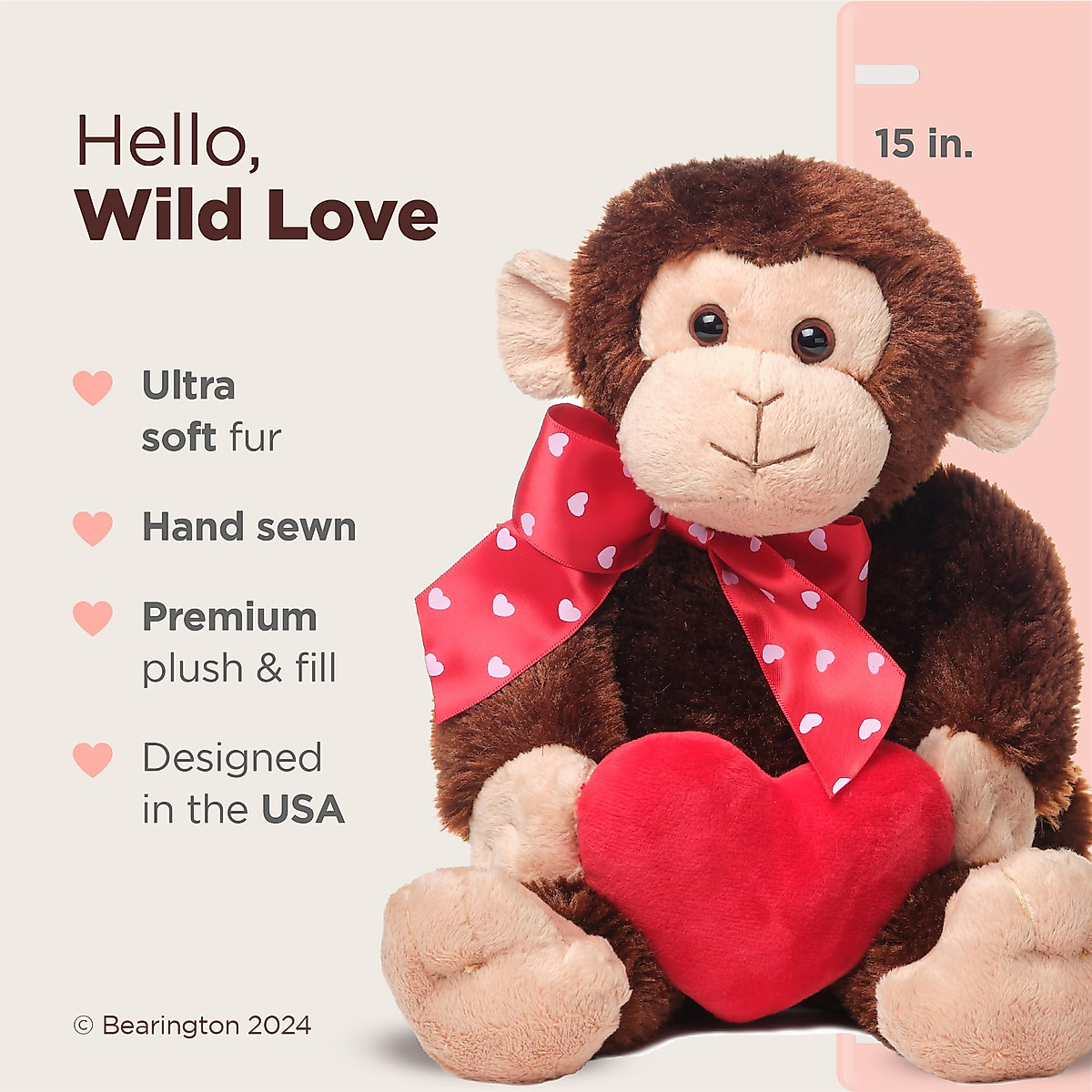 Bearington Wilde Love Stuffed Animal Monkey Plush Holding a Heart with Red Bow, Kid Companion Plushie, Great Gift for Birthdays, Holidays & Other Special Occasions Like Valentines Day, 15 inches